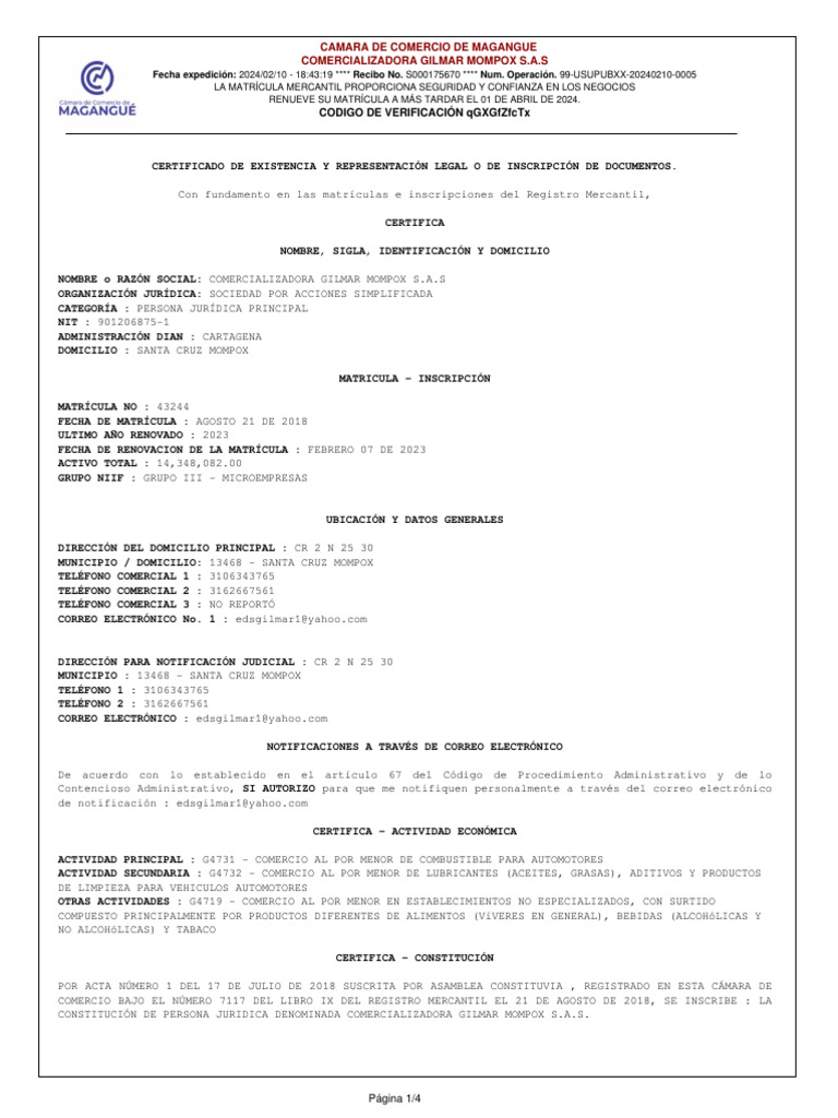 Certificado de Existencia y Representacion. | PDF | Comercio | Business