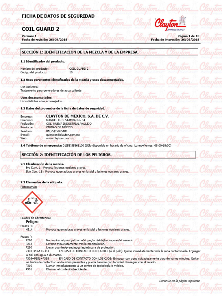 Ficha de Seguridad: COIL GUARD 2 | PDF | Agua | Quemar