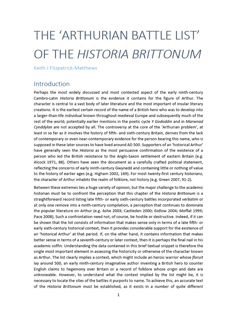 The Arthurian Battle List of The Historia Brittonum | Download Free PDF ...