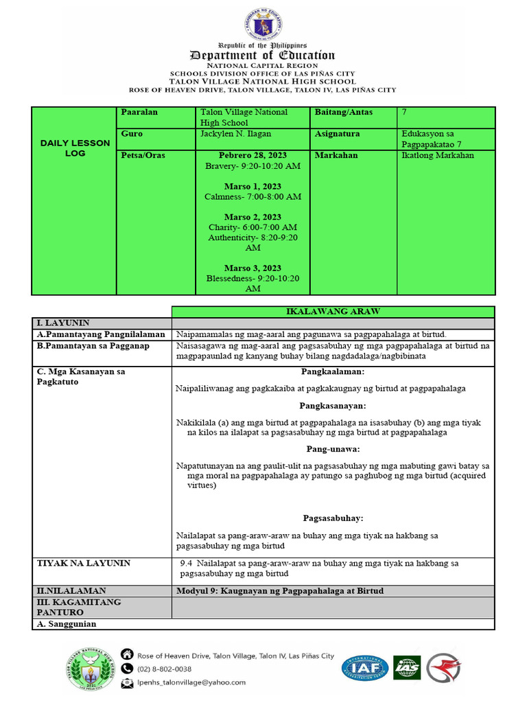 Dll-Module 9 Pagsasabuhay-Day 2-Esp 7-2022-2023-Jackylen Ilagan | PDF
