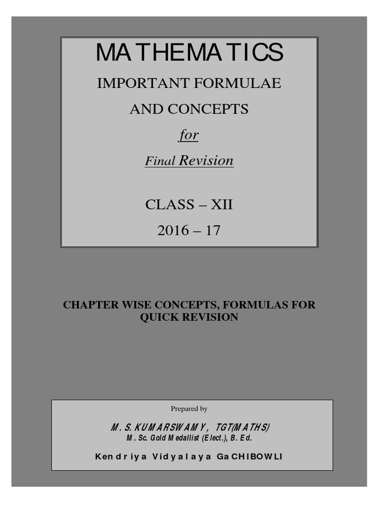 Maths Xii Important Formulae Chapterwise For Final Revision | PDF | Function (Mathematics) | Algebra