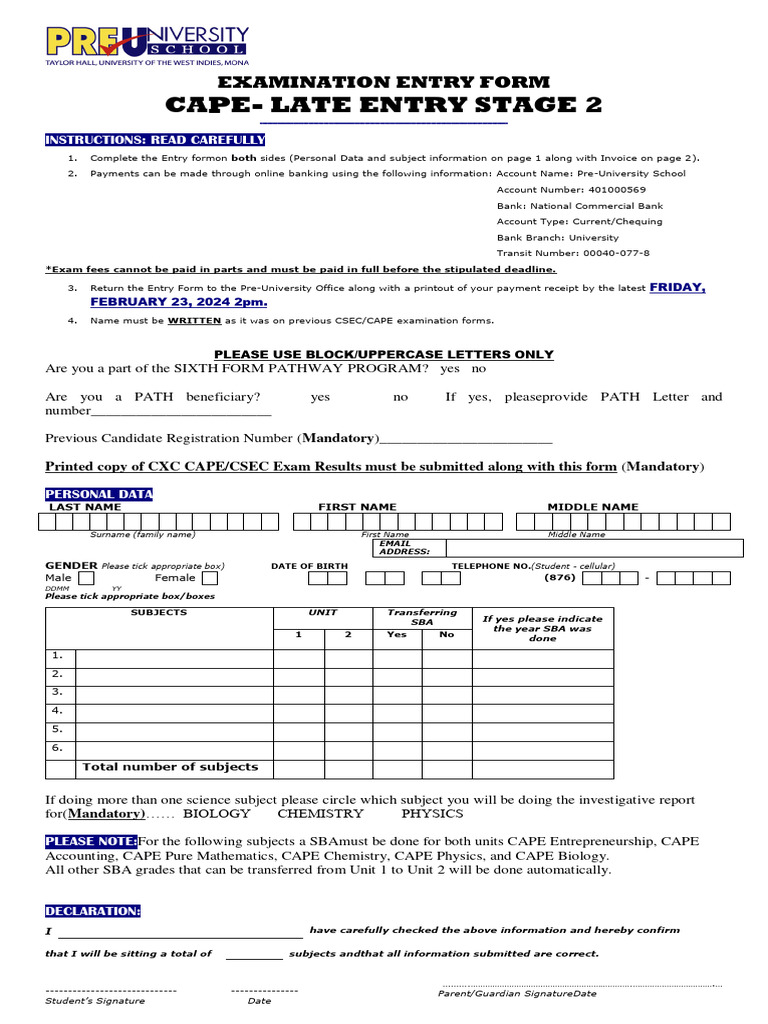 Late CXC Cape Exam Entry Form 2023-2024 - Preu Stage 2 | PDF