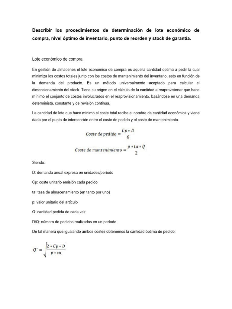 Describir Los Procedimientos de Determinación de Lote Económico de Compra | PDF | Inventario ...