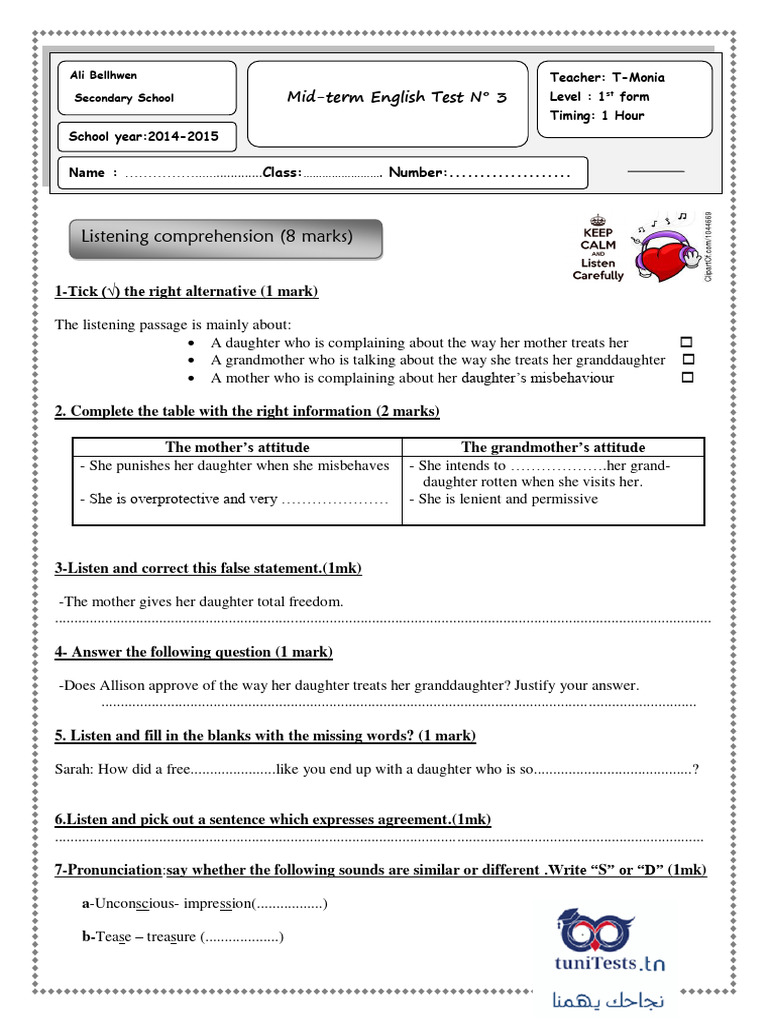 Devoir - de - Controle - N3-1ere - Annee secondaire-anglais-2014-2015-T-monia-Ali Belhouane ...