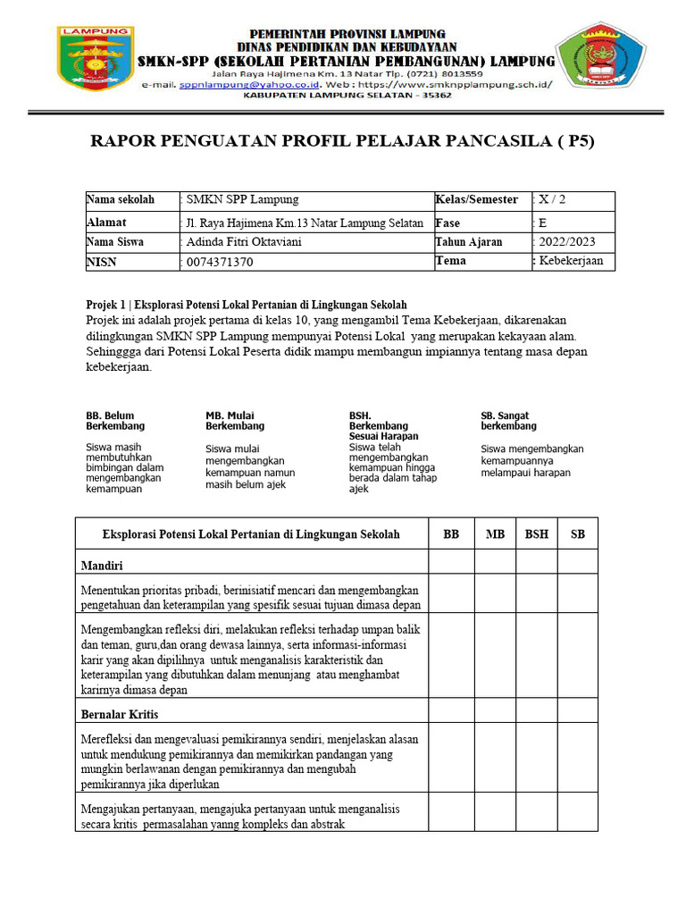 Contoh Rapor P5 Kebekerjaan | PDF