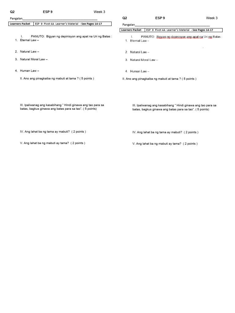 Pangalan Pangalan: Q2 Esp 9 Week 3 Q2 Esp 9 Week 3 | PDF