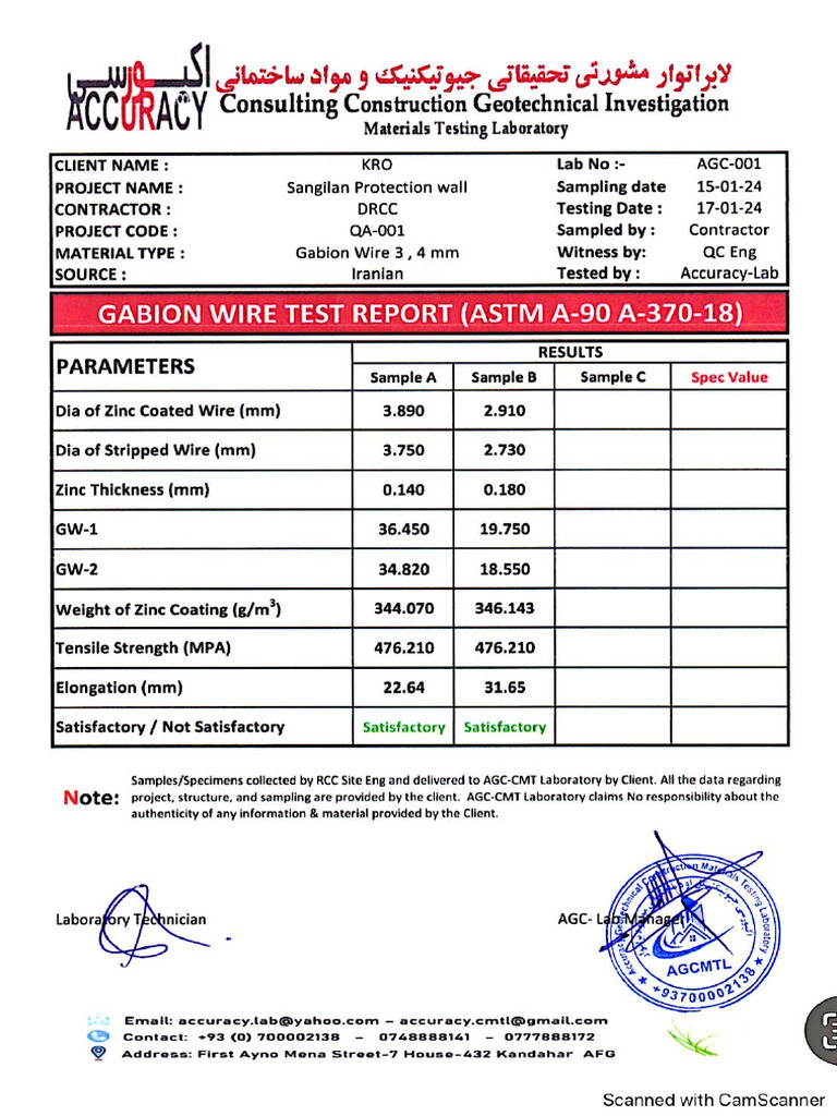 Gabion Wire Zinc Coating Test Accuracy Geotech | PDF