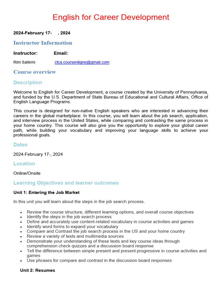 English for Career Development Syllabus | PDF | Résumé | Linguistics