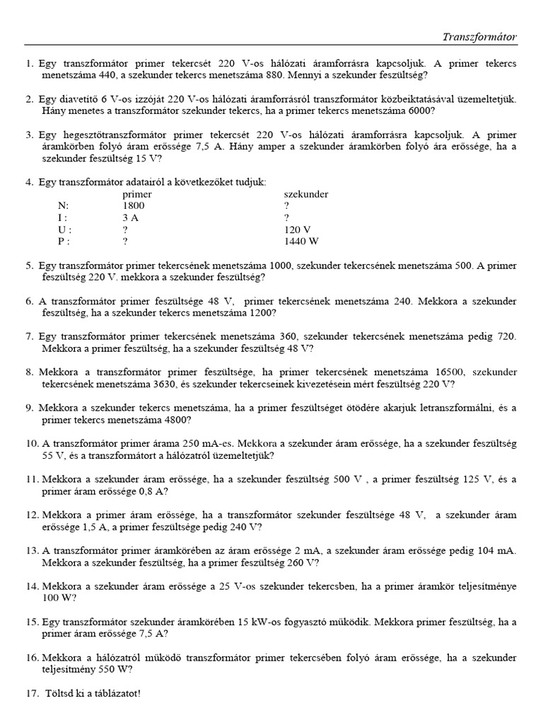 Feladatok Transzformátor | PDF