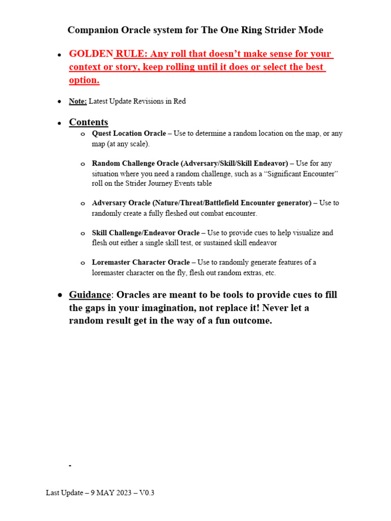 Oracle Companion For The One Ring Strider Mode v0.3 Beta | PDF