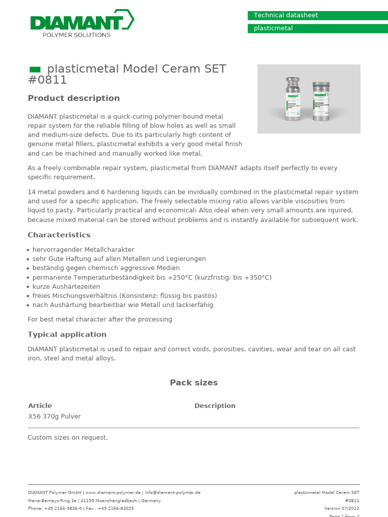 Diamant Technical Data Sheet Plasticmetal Model Ceram Set | PDF | Liquids | Metals