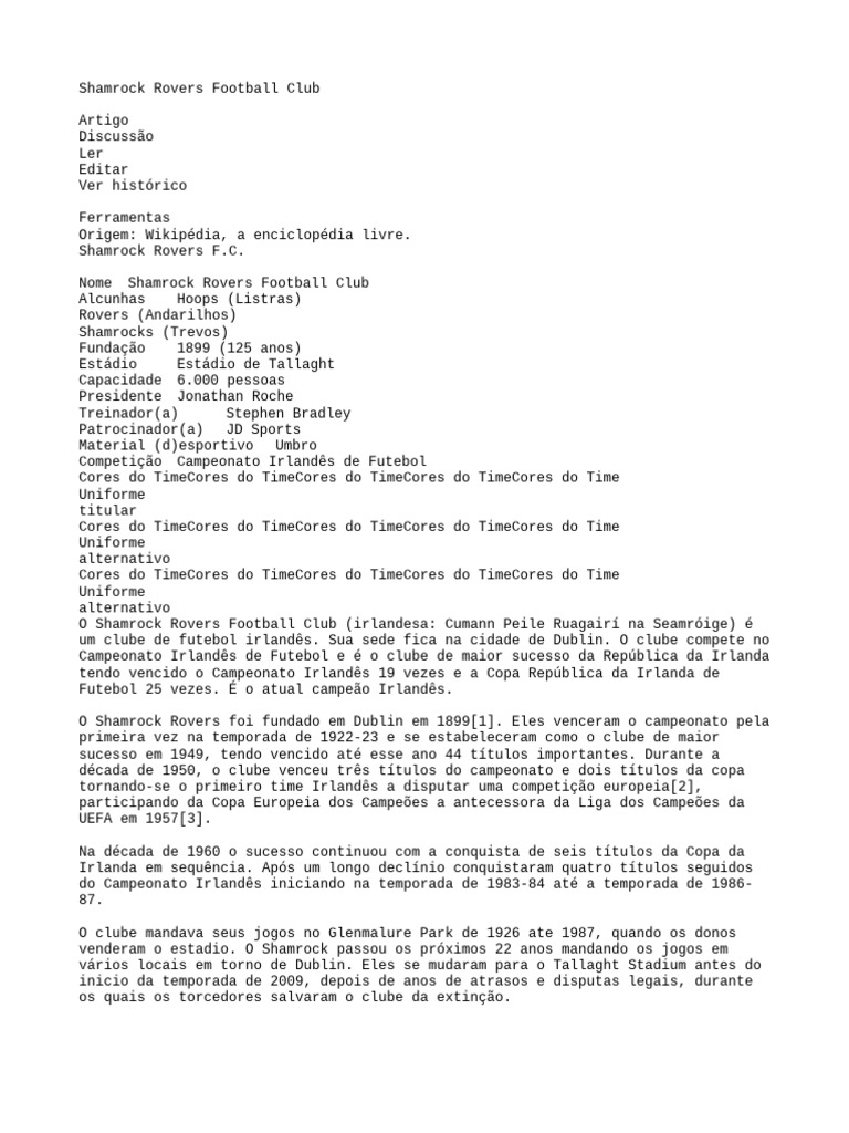 Shamrock Rovers Football Club - Conhecendo o Futebol Irlandes | PDF ...