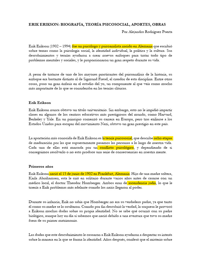 Teoria Erikson, Teoria y Aporte | PDF | Psicoanálisis | Sicología