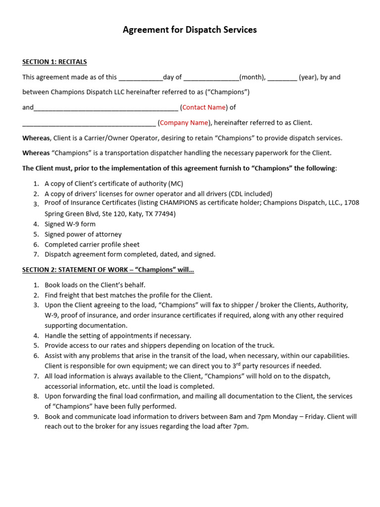 Dispatch Services Agreement Template | PDF