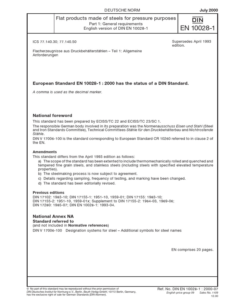 Din en 10028-1 - 2000 | Download Free PDF | Steel | Sheet Metal