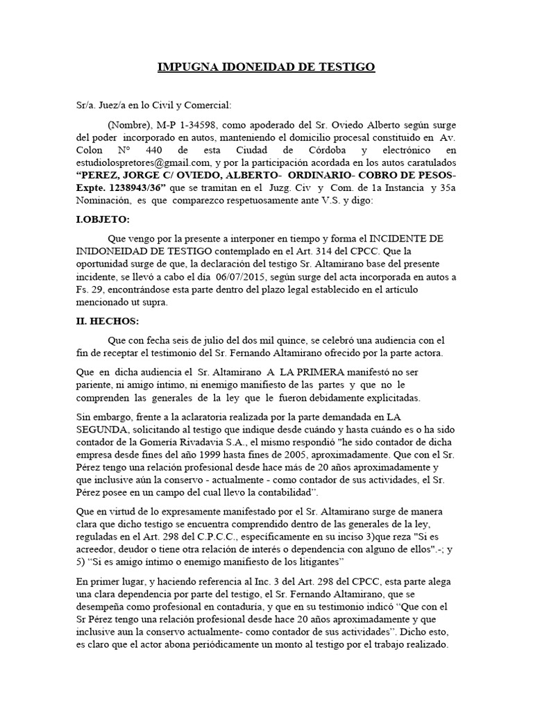 Modelo Inidoneidad de Testigo | PDF | Testigo | Testimonio