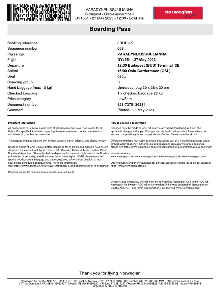 Norwegian Air Boarding Pass Details | PDF | Norwegian Air Shuttle ...