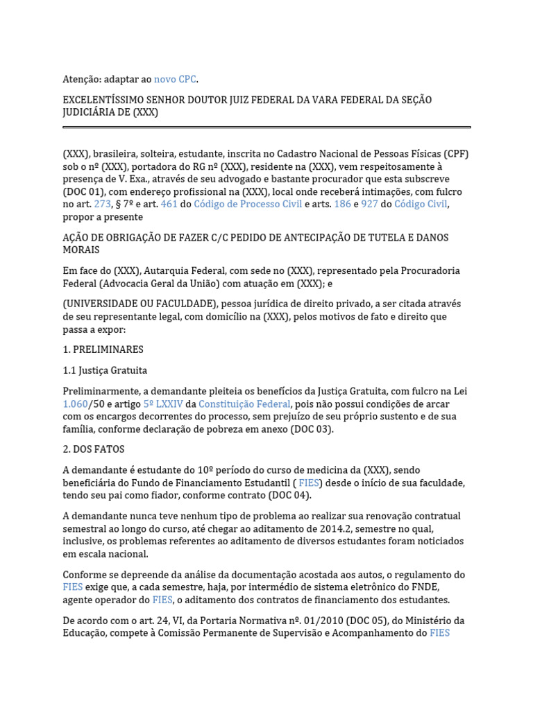 Modelo Peticao Inicial Fies Nao Realizacao de Aditamento Por Erro No ... Modelo Peticao Inicial Fies Nao Realizacao de Aditamento Por Erro No ...