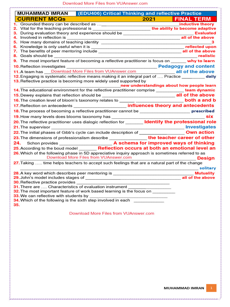 EDU406 (CURRENT MCQs FINAL TERM) | PDF | Reflective Practice ...