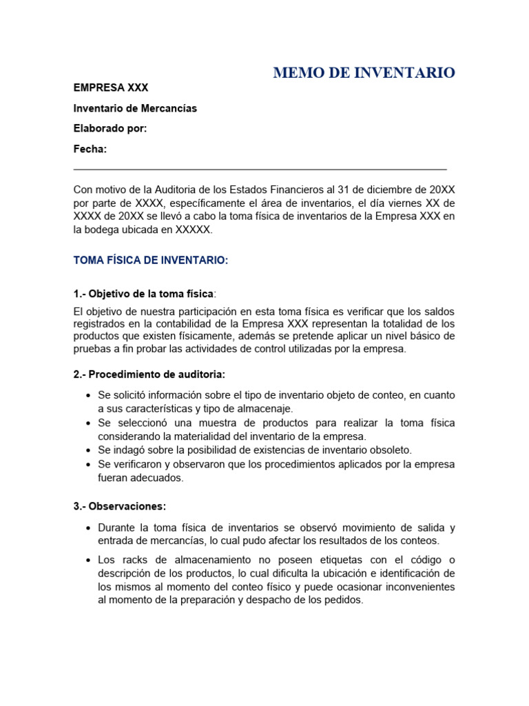 Memorándum de Toma Física de Inventarios | PDF | Inventario | Auditoría