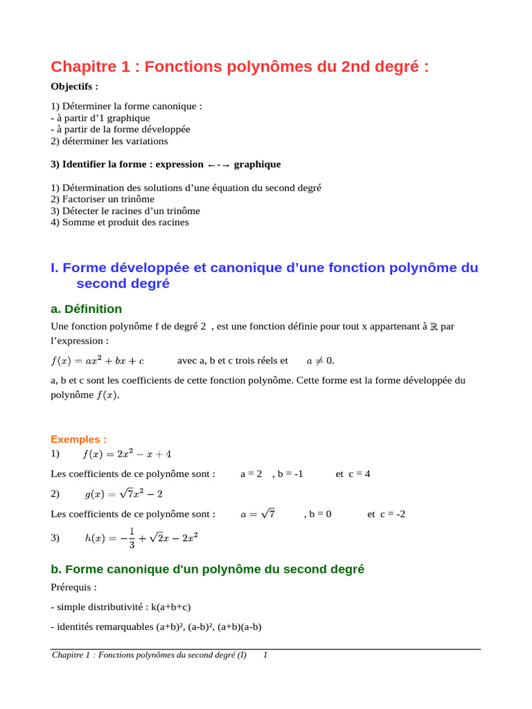 Polynômes du Second Degré : Cours et Exercices | PDF | Sciences et ...