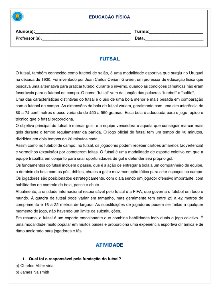 Atividade Teorica Futsal Ens Medio | PDF | Futebol | Doping no esporte