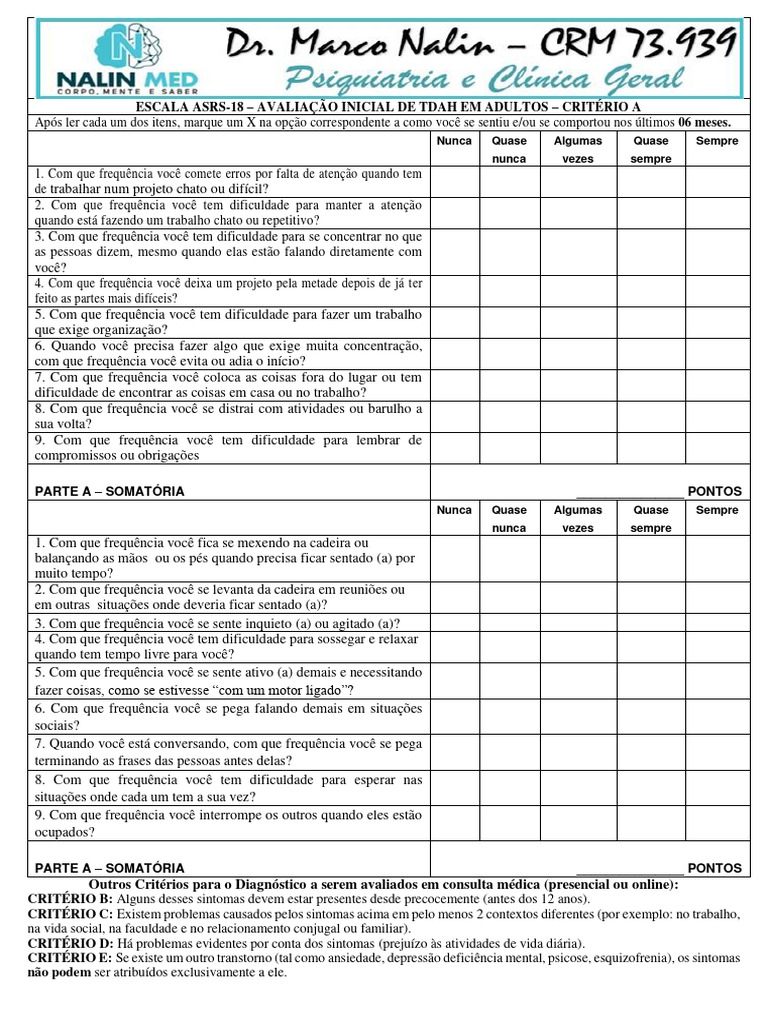 Escala Asrs 18 Tdah em Adultos Nalin Med 2023 | PDF | Distúrbio mental ...