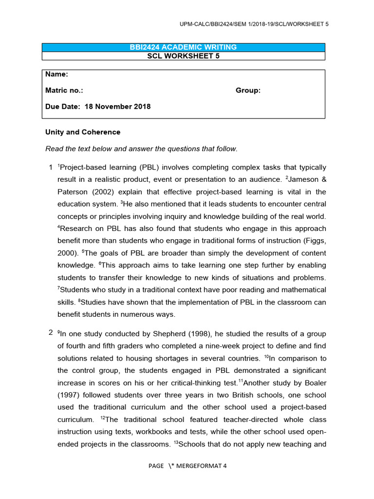 BBI2424 SCL WORKSHEET 5 (WEEK 9) - UNITY & - COHERENCE | PDF | Project ...