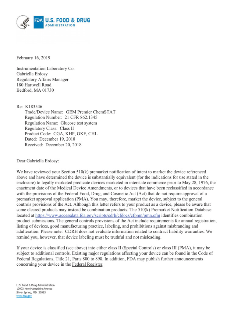 FDA Approval: GEM Premier ChemSTAT 510(k) | PDF | Law | Science ...