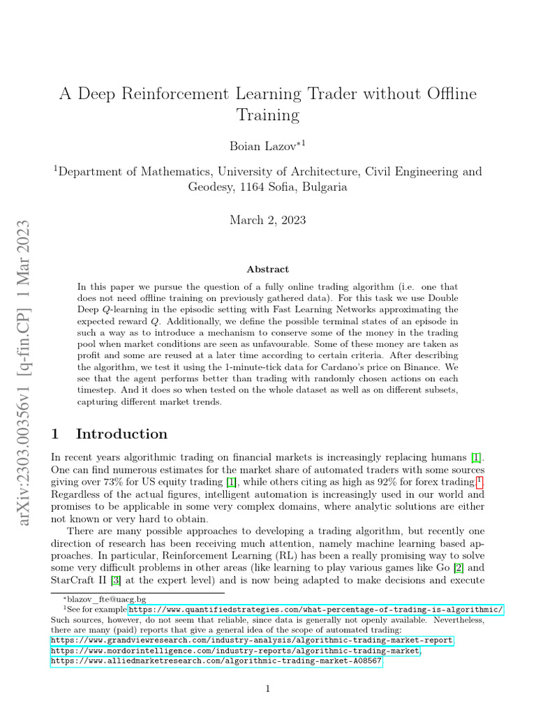 A Deep Reinforcement Learning Trader Without Offline Training | PDF | Machine Learning ...