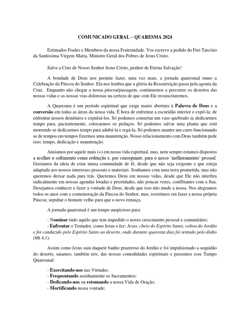 Comunicado Geral Quaresma 2024 | PDF | Quaresma | Jesus