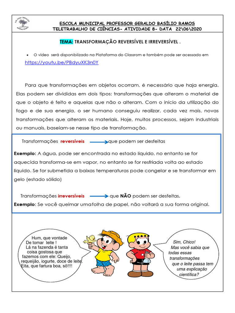 Transformações Reversíveis e Irreversíveis 4º Ano | PDF | Leite