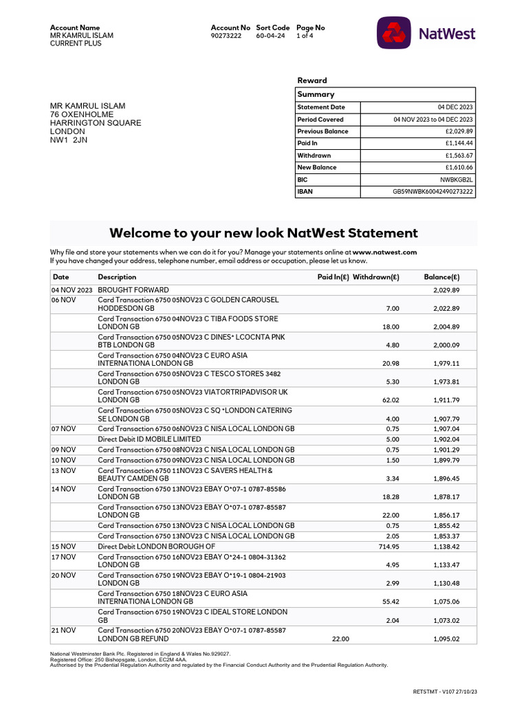NatWest Statement: Kamrul Islam | PDF | Overdraft | Interest