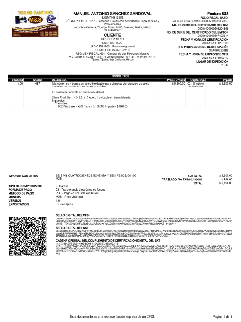 SASM740613JU6 Factura 538 | PDF | Economias | Dinero