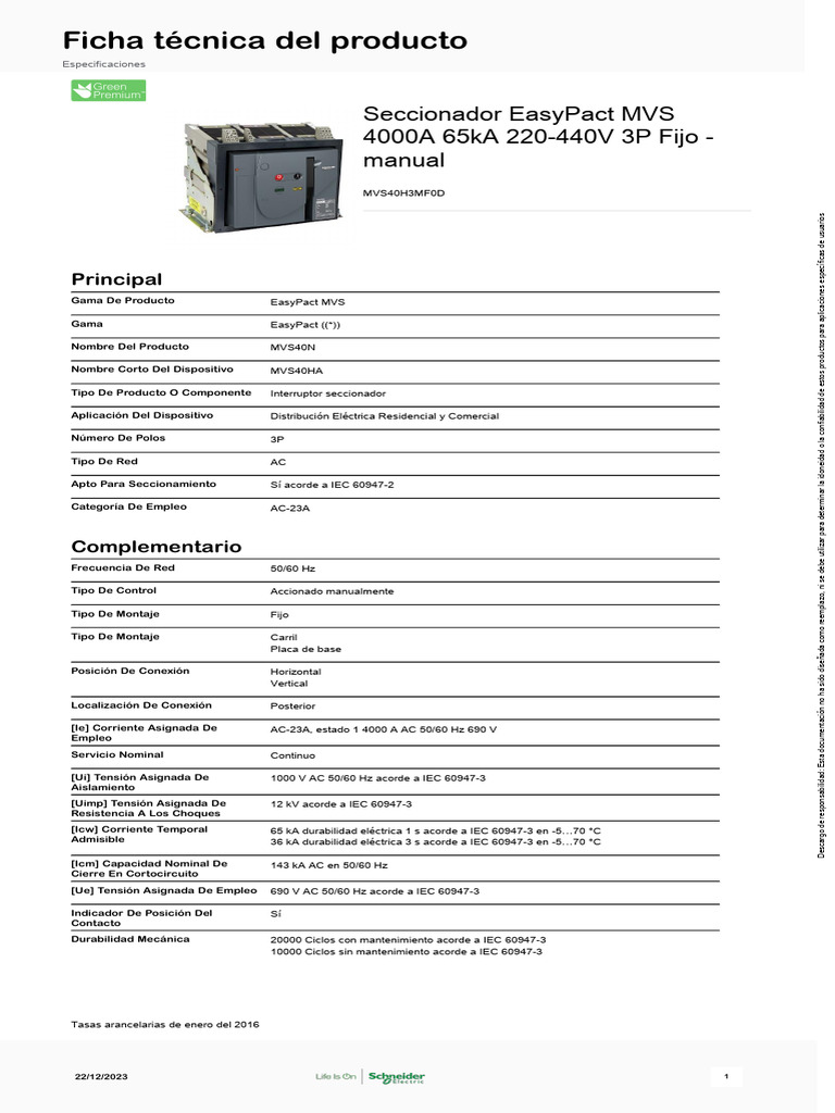 Schneider Electric EasyPact-MVS MVS40H3MF0D | PDF | Electricidad | Ingenieria Eléctrica