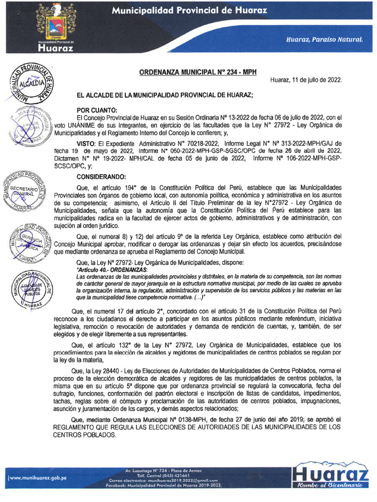 Ordenanza Municipal N°234-Mph-2022 | PDF
