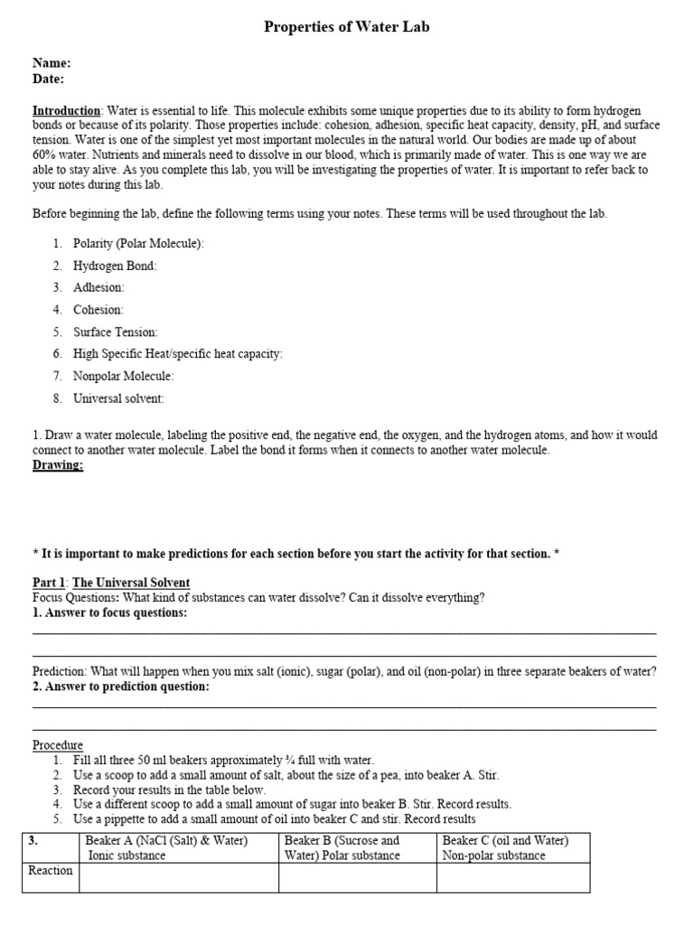 Properties of Water Lab Honors | PDF | Properties Of Water | Water