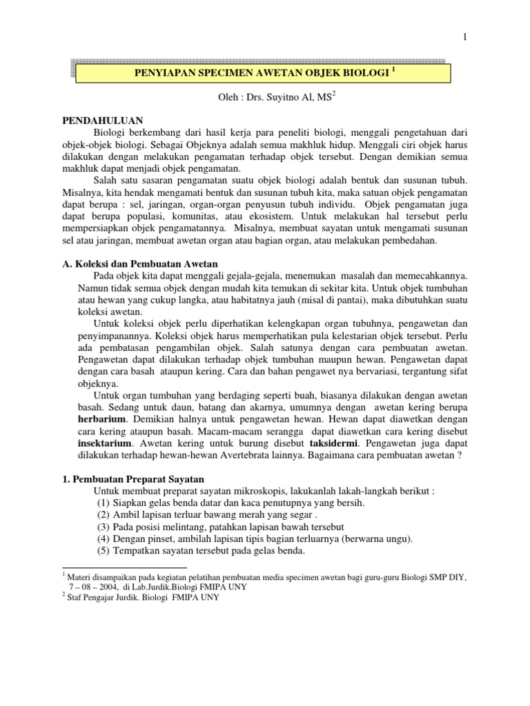 Penyiapan Specimen Awetan | PDF