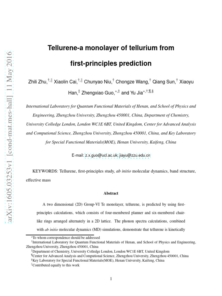 Tellurene-A Monolayer of Tellurium From First-Principles Prediction ...