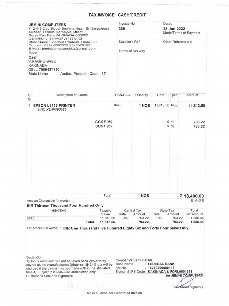 Epson l3116 Printer Invoice | PDF