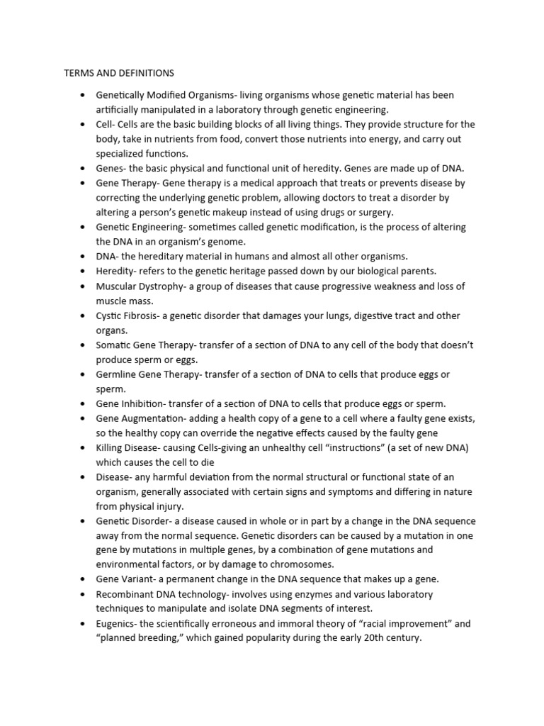 Terms and Definitions | PDF | Gene Therapy | Genetic Disorder