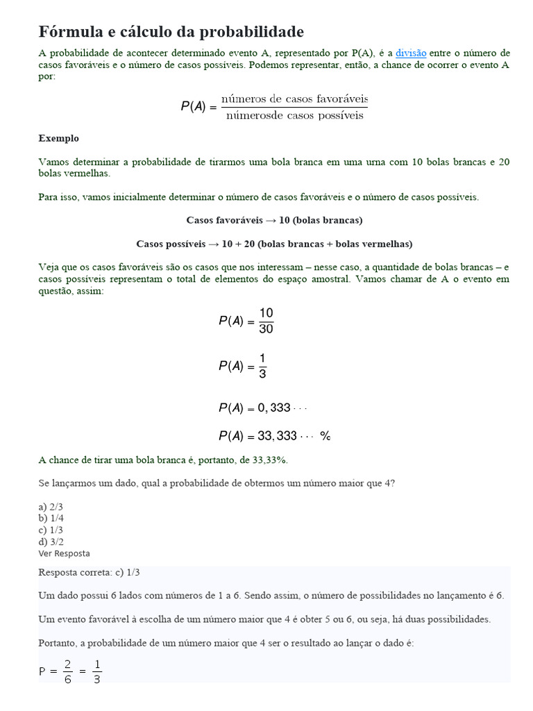 Fórmula e Cálculo Da Probabilidade | PDF | Probabilidade | Matemática
