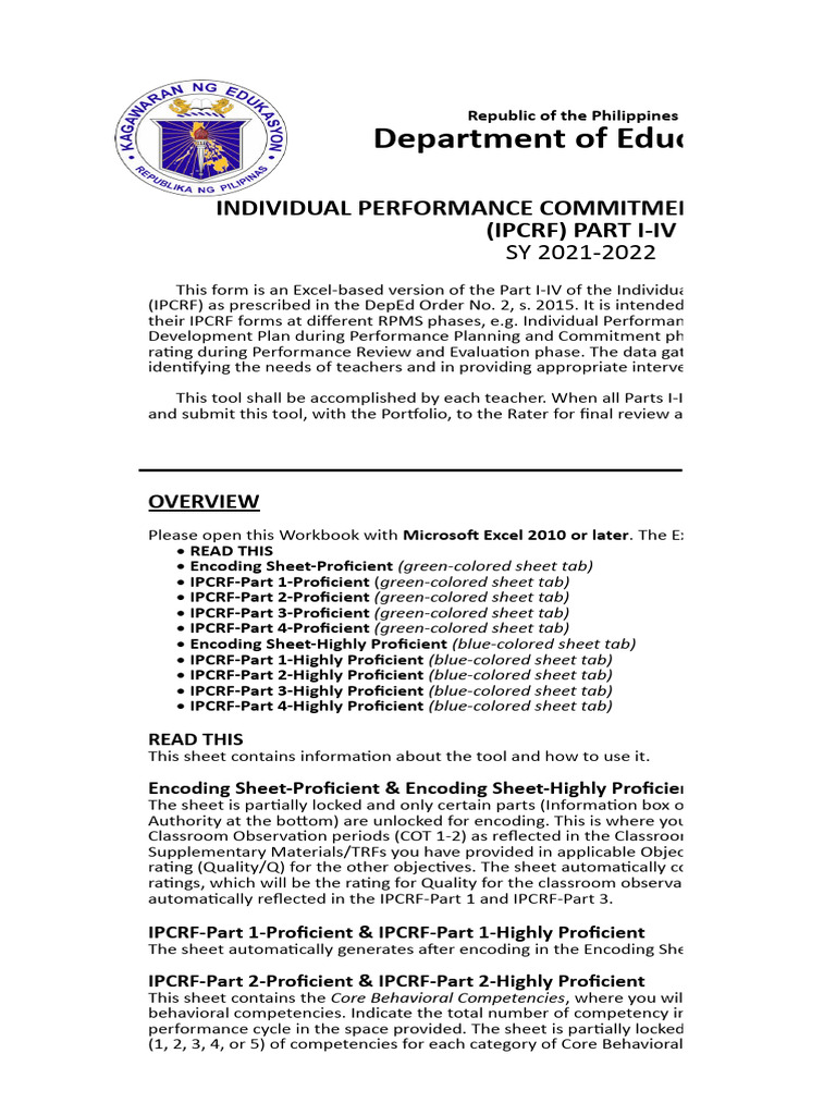 IPCRF Excel Guide for Teachers | PDF