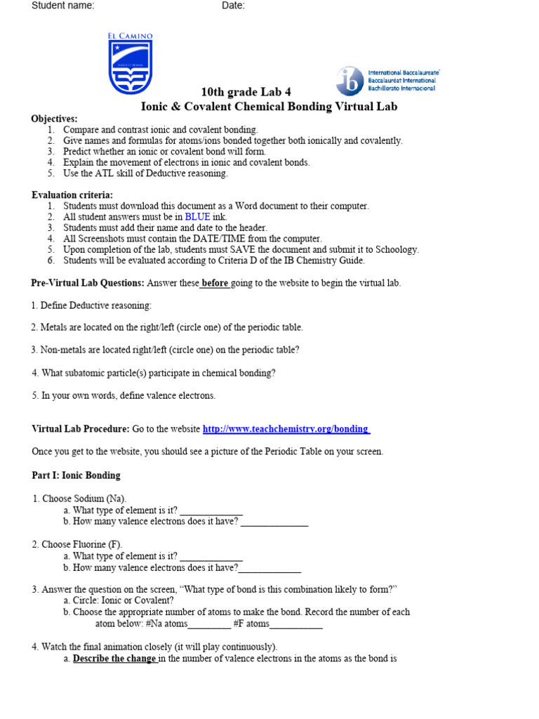 6 Virtual Ionic and Covalent Bonding Lab | PDF