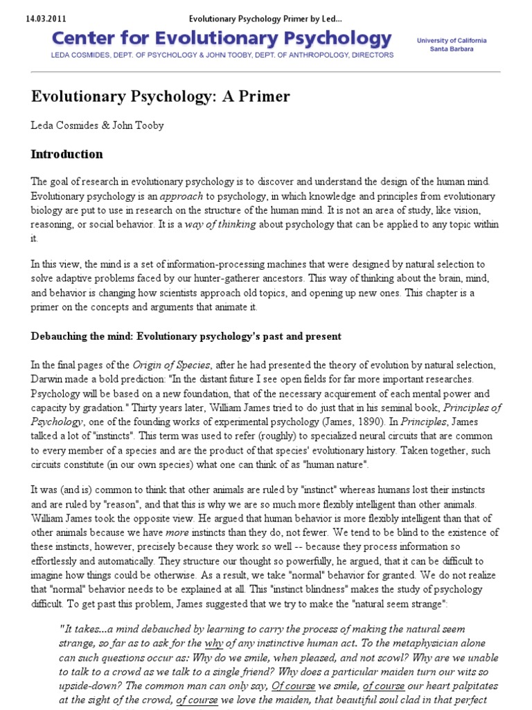 Evolutionary Psychology Primer by Leda Cosmides and John Tooby | PDF ...