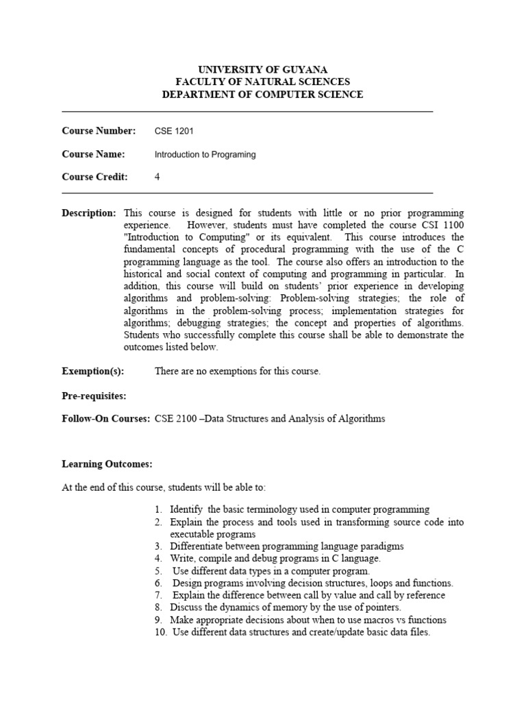 Cse 1201 Programming Course Outline Pdf Computer Programming Pointer Computer
