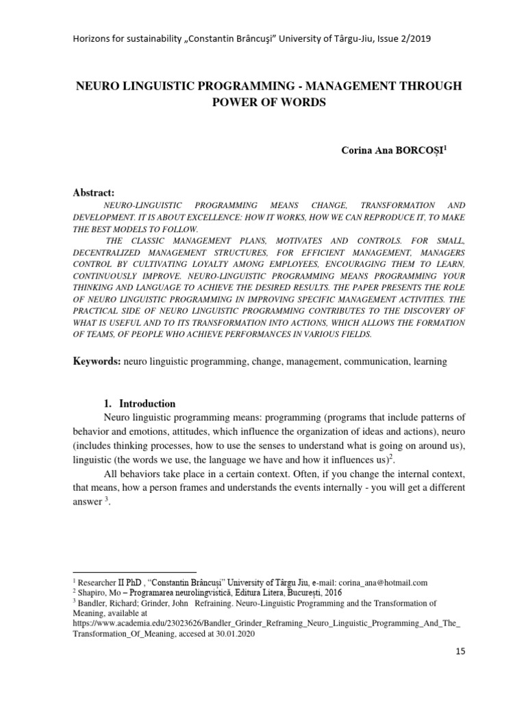 Ana Corina Borcoși Neuro Linguistic Programming Management Through Power of Words 2019 | PDF ...