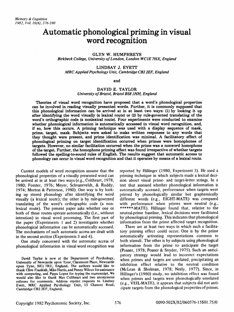 1 1982 Humpreys Automatic Phonological Priming In Visual Word Recognition Pdf Priming