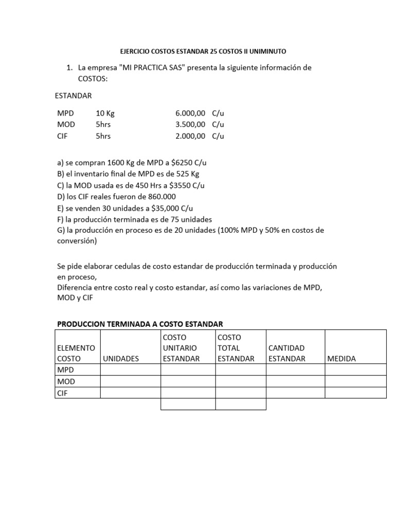 Ejercicio Costos Estandar 25 Costos II Uniminuto | PDF | Negocios | Tecnología