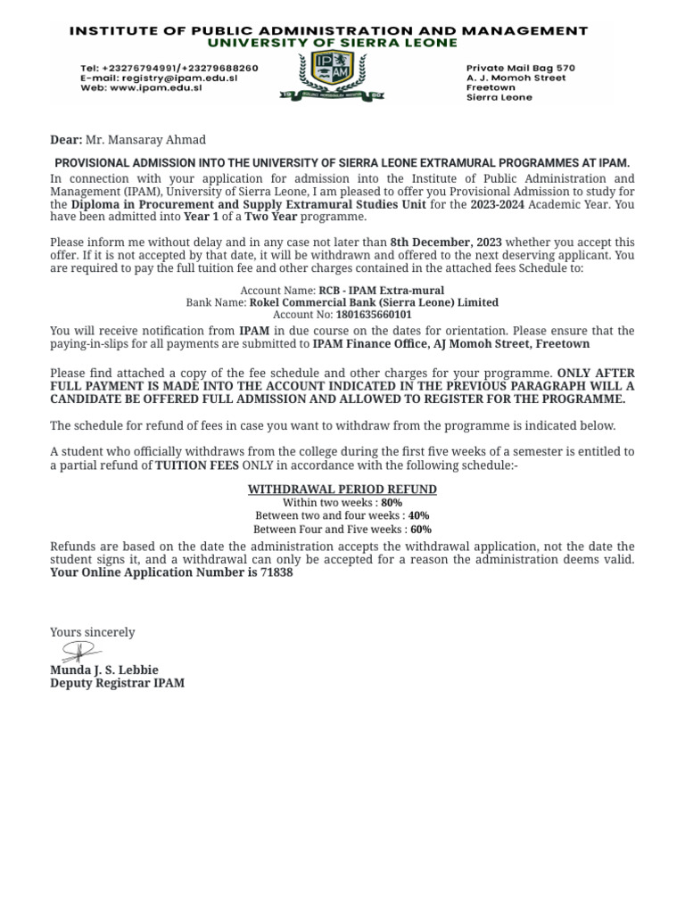 Ahmad Mansaray Provision Admission Letters | PDF | Fee | Service Industries